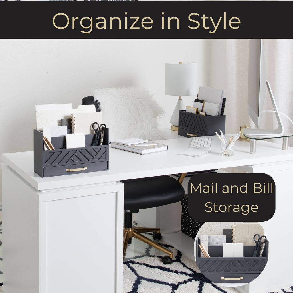 Grey Wood Desk Organizer with Drawer and Gold Handle | Blu Monaco