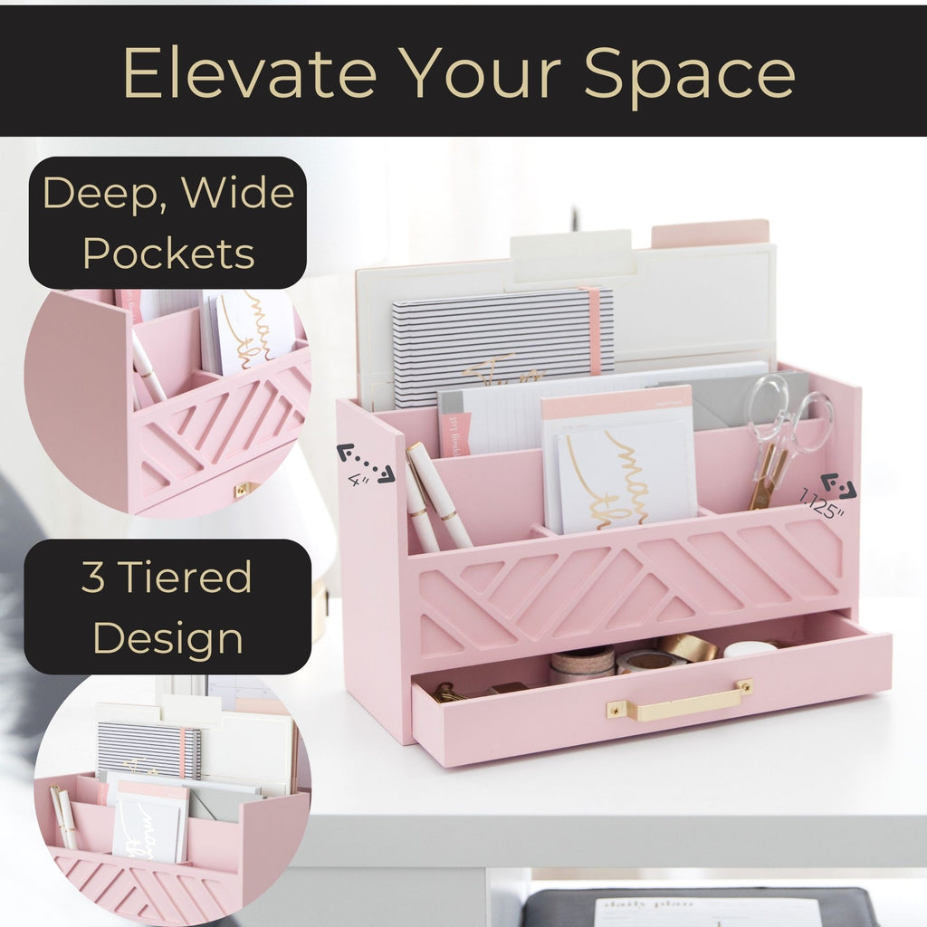 Pink Wood Desk Organizer with Drawer and Gold Handle | Blu Monaco