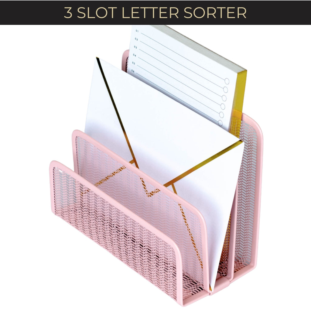 Pink Metal Mesh Letter Sorter – 3-Slot Mail Organizer for Desk, Office ...