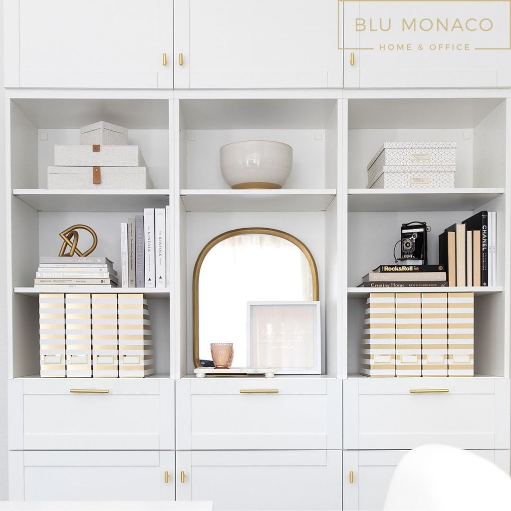 BLU MONACO Set of 4 Gold and White Striped Magazine File Boxes with Go ...