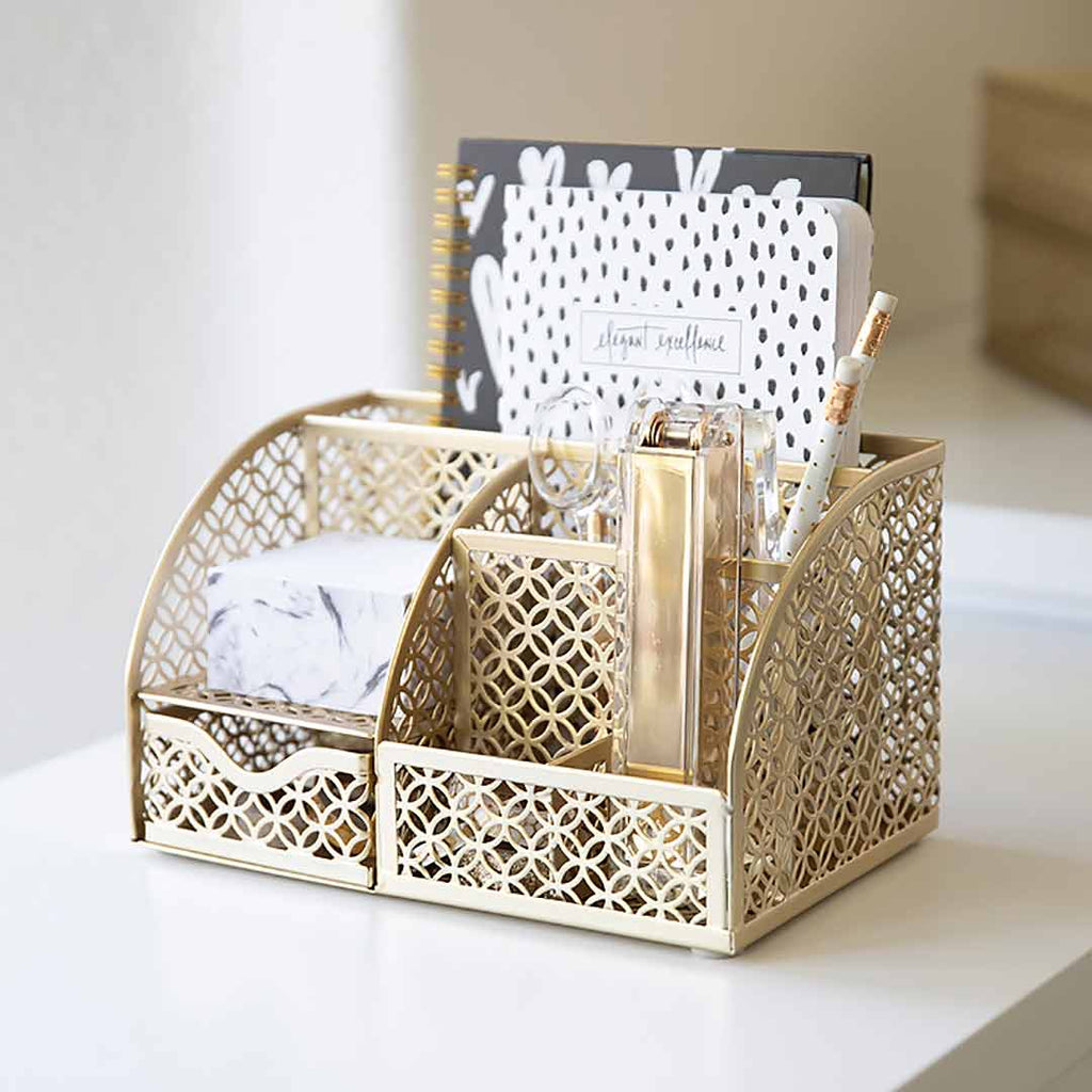 Riviera Designer Metal Desk Organizer with Drawer - Gold | Blu Monaco