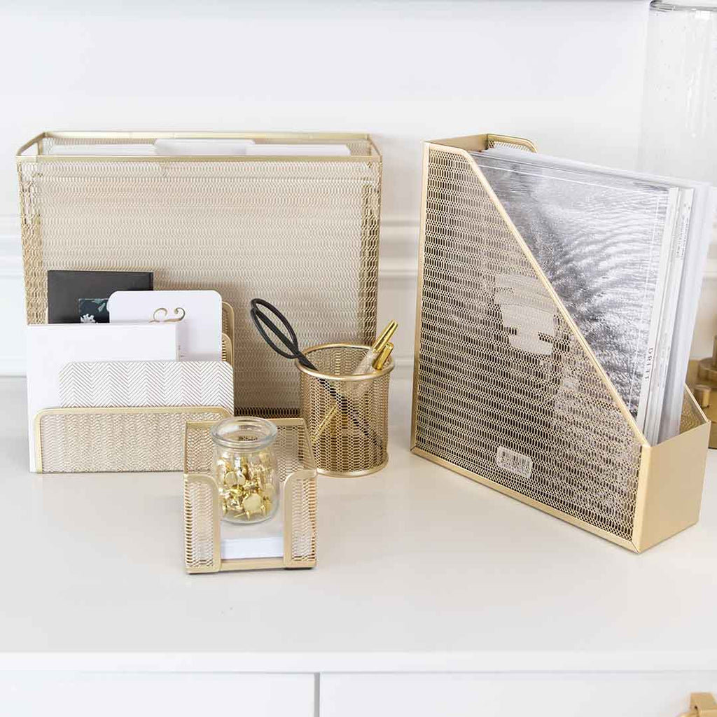 Fontvieille 5 Piece Gold Desk Organizer Set with Desktop Hanging File ...