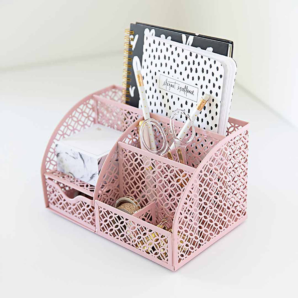 Riviera Designer Metal Desk Organizer with Drawer - Pink | Blu Monaco