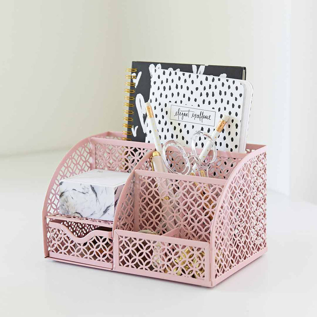 Riviera Designer Metal Desk Organizer with Drawer - Pink | Blu Monaco